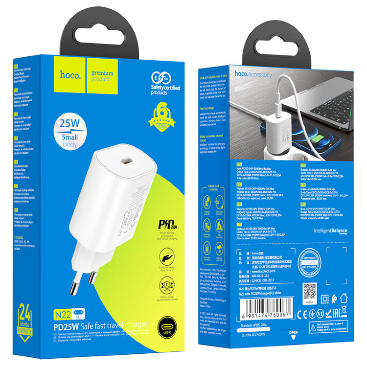 Сетевой адаптер hoco N22 Jetta PD 25W charger (EU) - Белый оптом на ...